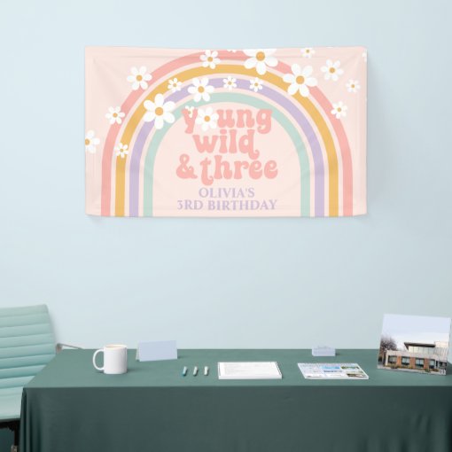 Young Wild Three Pastel rainbow 3RD birthday Banner | Zazzle