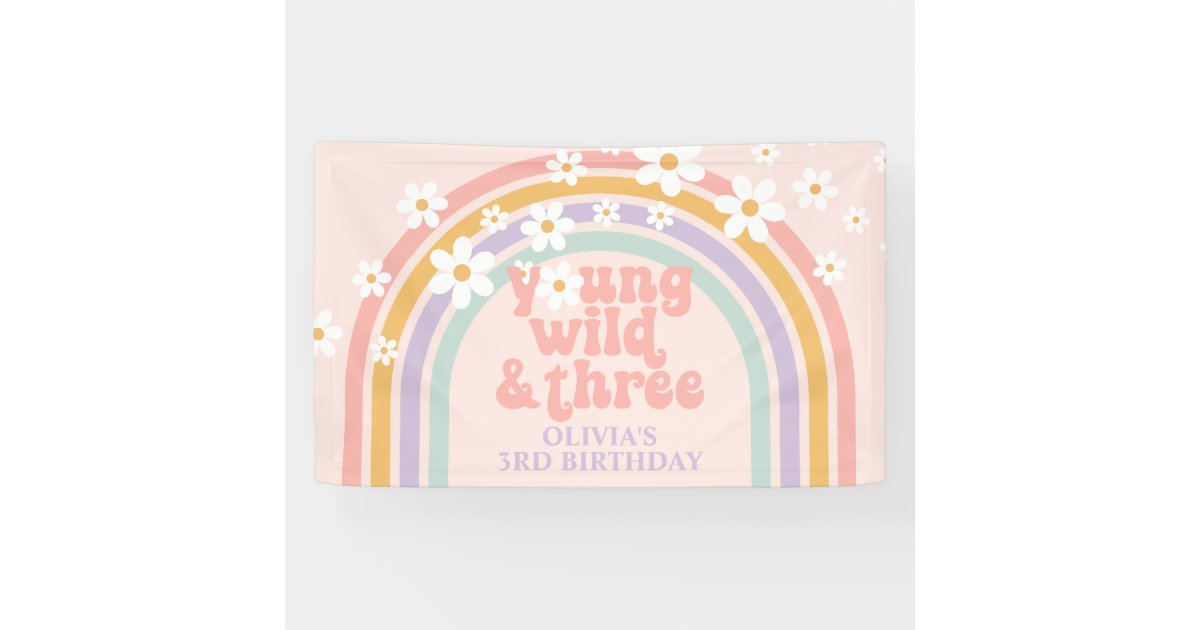 Young Wild Three Pastel rainbow 3RD birthday Banner | Zazzle
