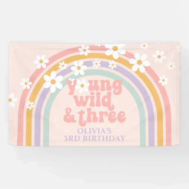 Young Wild Three Pastel rainbow 3RD birthday Banner | Zazzle