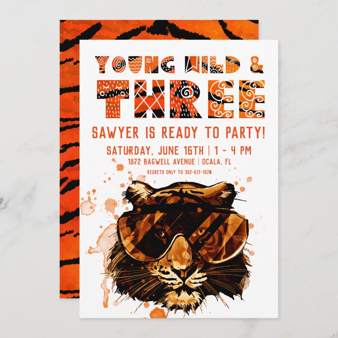 Young, Wild & Three | Punk Tiger Invitation | Zazzle