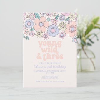 Young Wild Three Retro Floral 3rd birthday Invitation | Zazzle