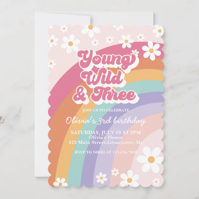 Young Wild Three Retro Rainbow 3rd Birthday Invitation | Zazzle