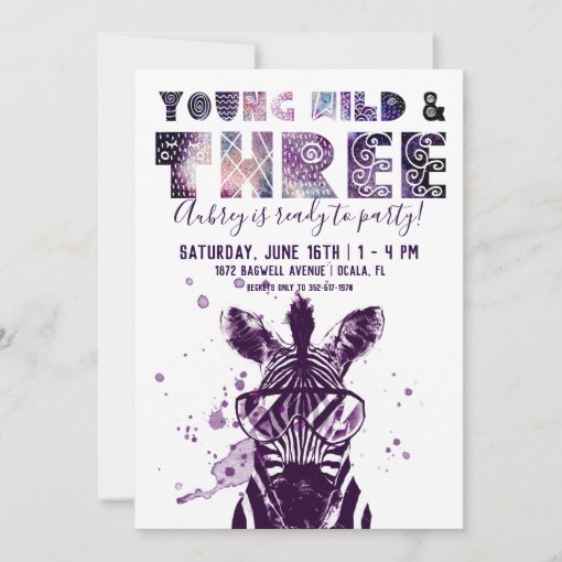 Young, Wild & Three | Rockstar Zebra Invitation | Zazzle