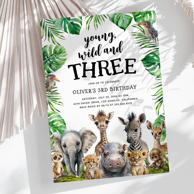 Young Wild & Three Safari 3rd Birthday Party Invitation | Zazzle