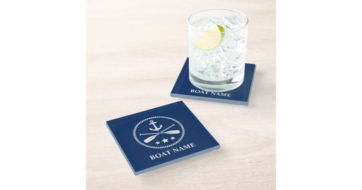 Your Boat Name & Anchor Oars & Stars Glass Coaster | Zazzle