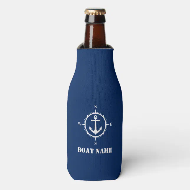 Your Boat Name Compass Anchor Navy Blue Bottle Cooler | Zazzle