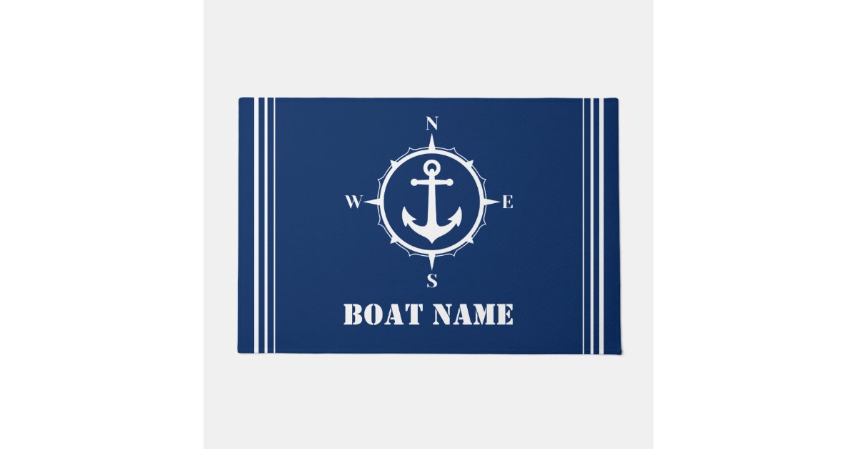 Your Boat Name Compass Anchor Navy Blue Entryway Doormat | Zazzle