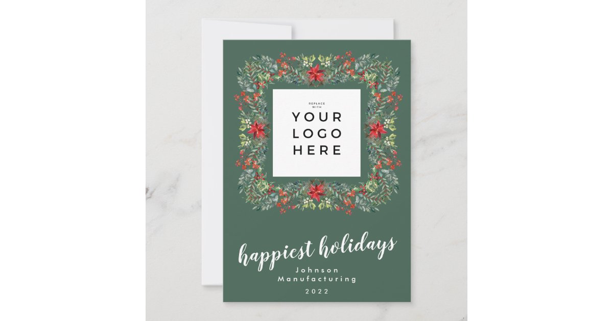 Your Business Logo Happiest Holidays Frame Wreath Holiday Card | Zazzle