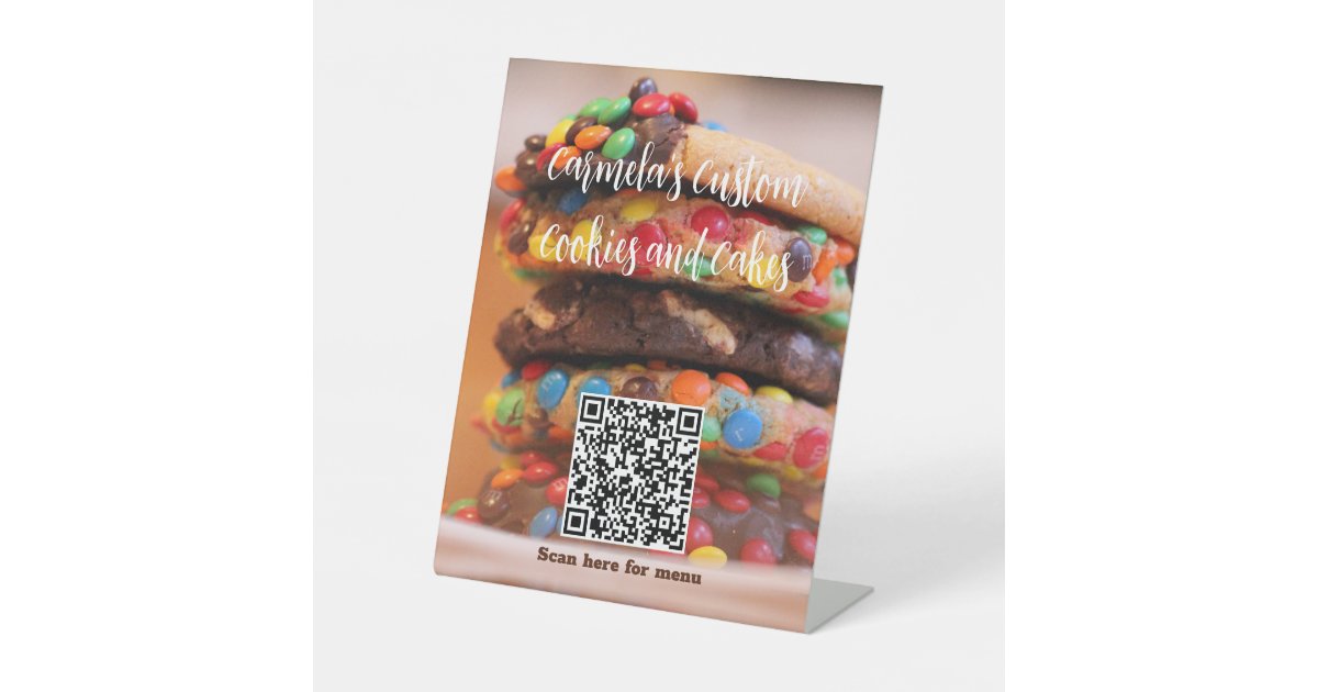 Your Business Name Text with Menu QR Code Cookie Pedestal Sign | Zazzle