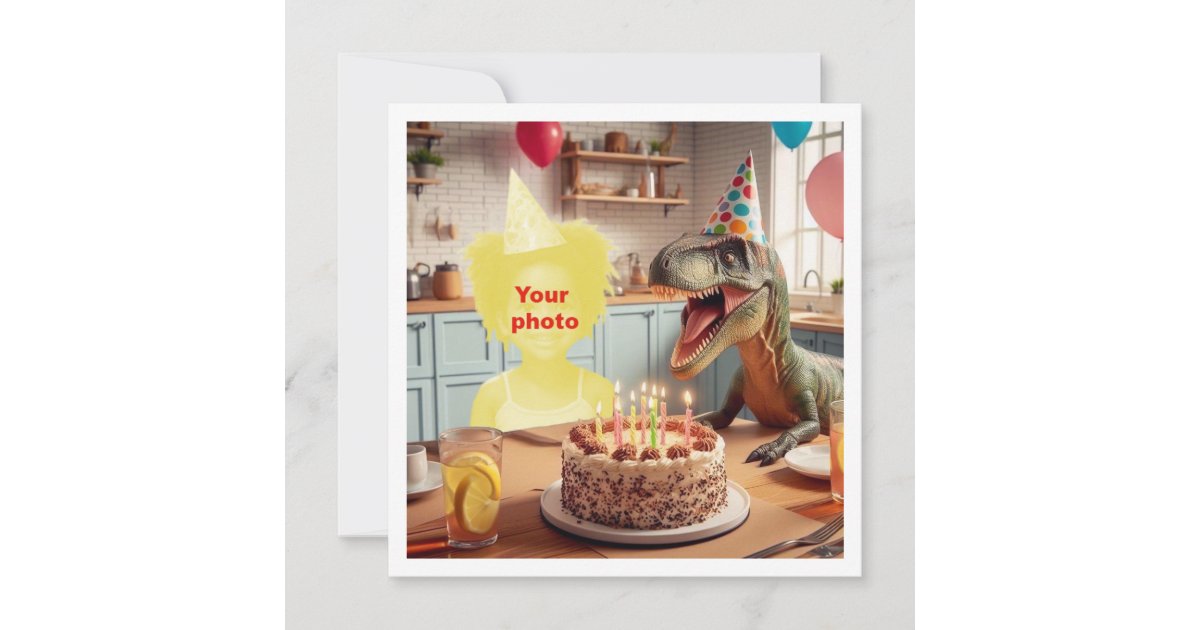 Your child with dinosaur, velociraptor birthday card | Zazzle