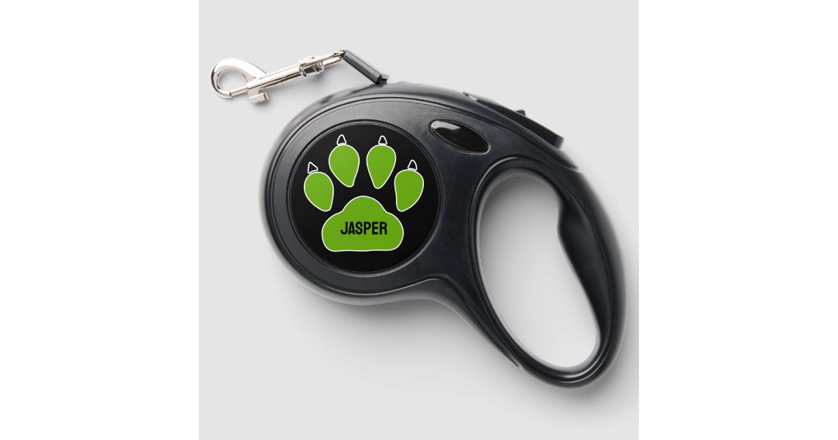 Your Dog's Name in a Green Paw Print Retractable Pet Leash | Zazzle