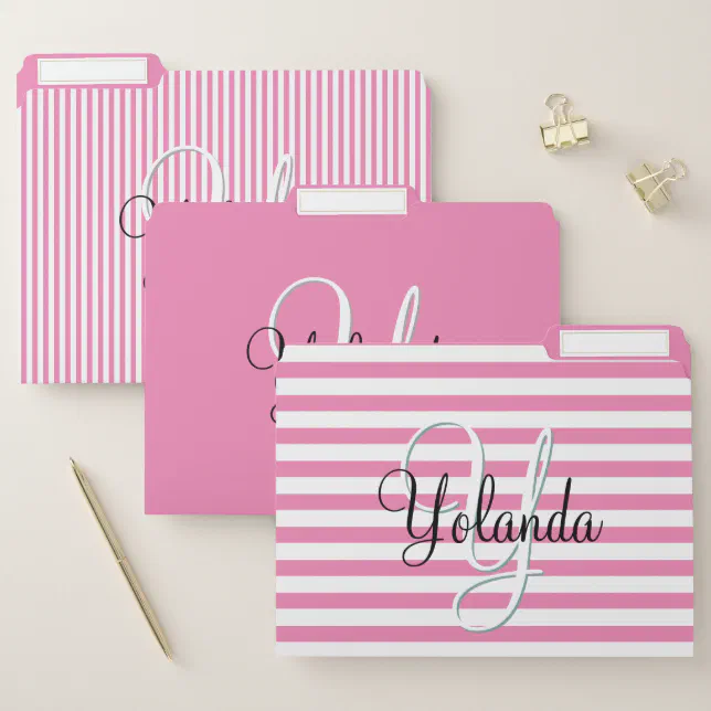 Your Initial on Simple Pink/White Stripe Pattern File Folder | Zazzle