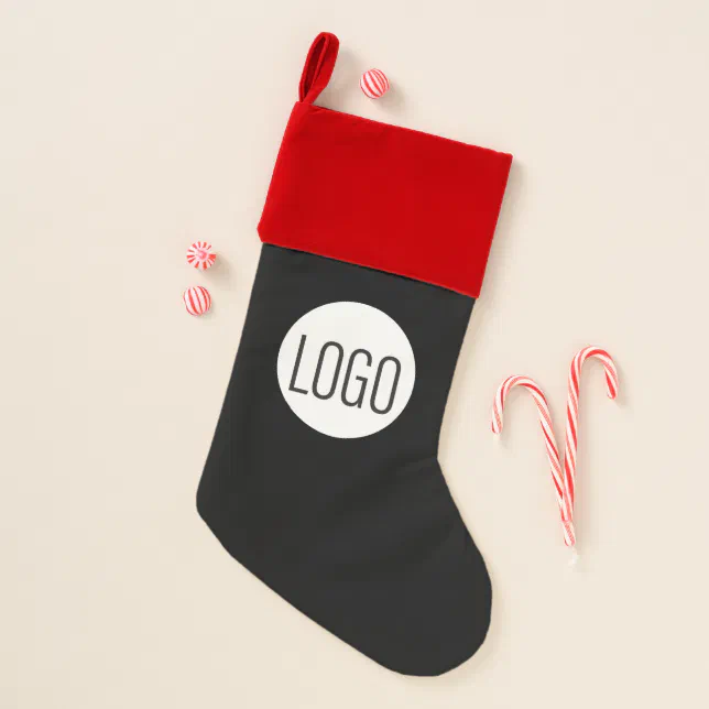 Your logo goes here business on black christmas stocking | Zazzle
