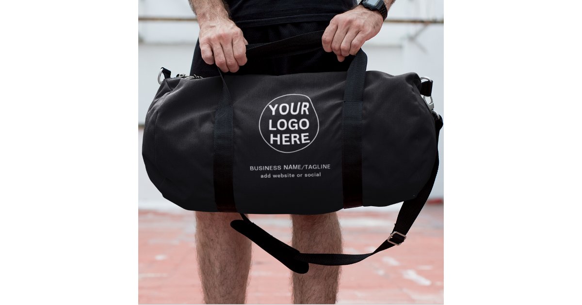 Your Logo Here l Black & White Promotional Duffle Bag | Zazzle