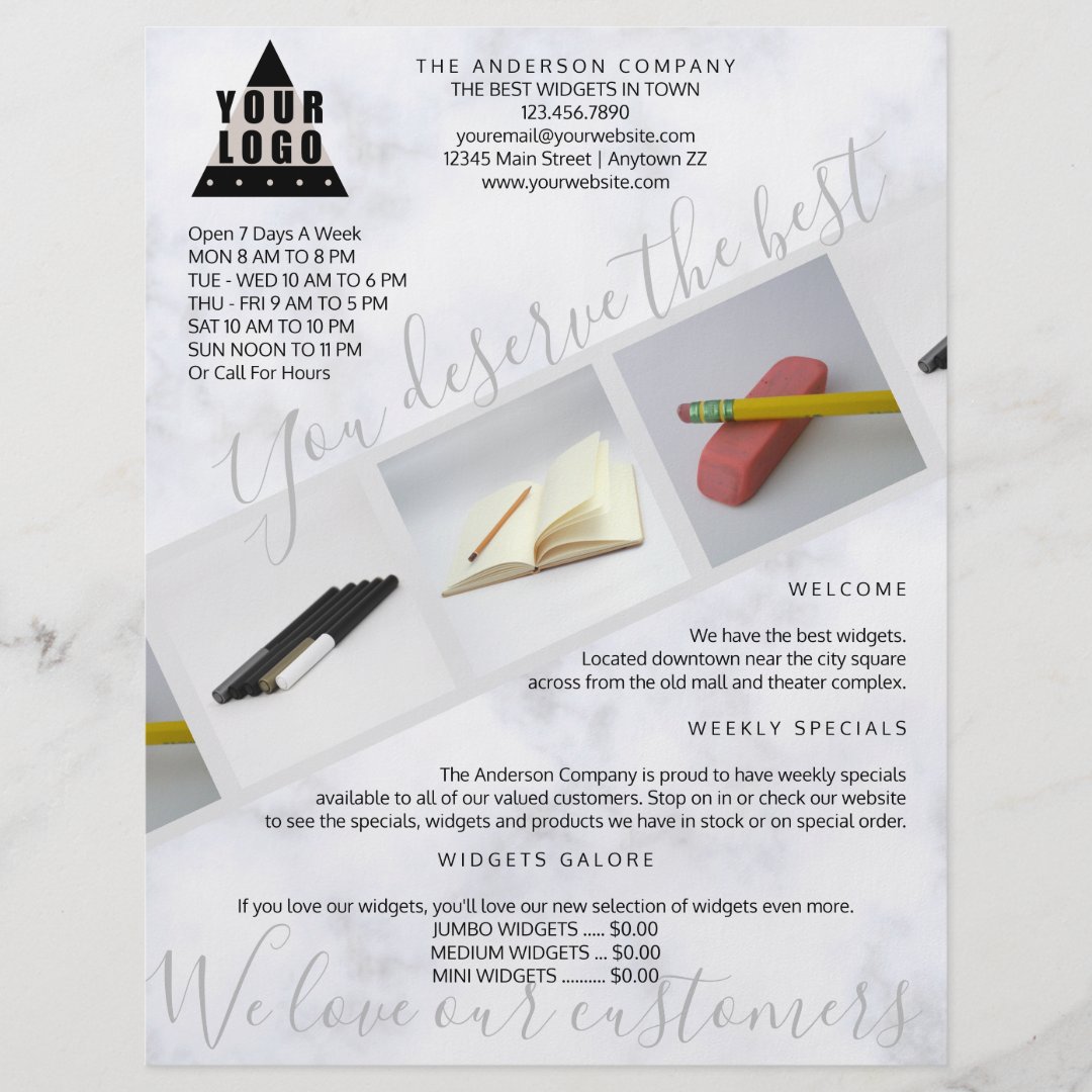 Your Logo Marble Asymmetrical 3 Photo Collage Flyer | Zazzle