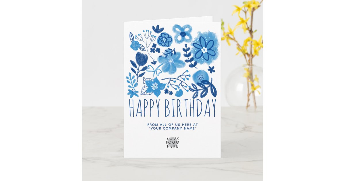 Your Logo Navy Blue Flowers Happy Birthday Card | Zazzle