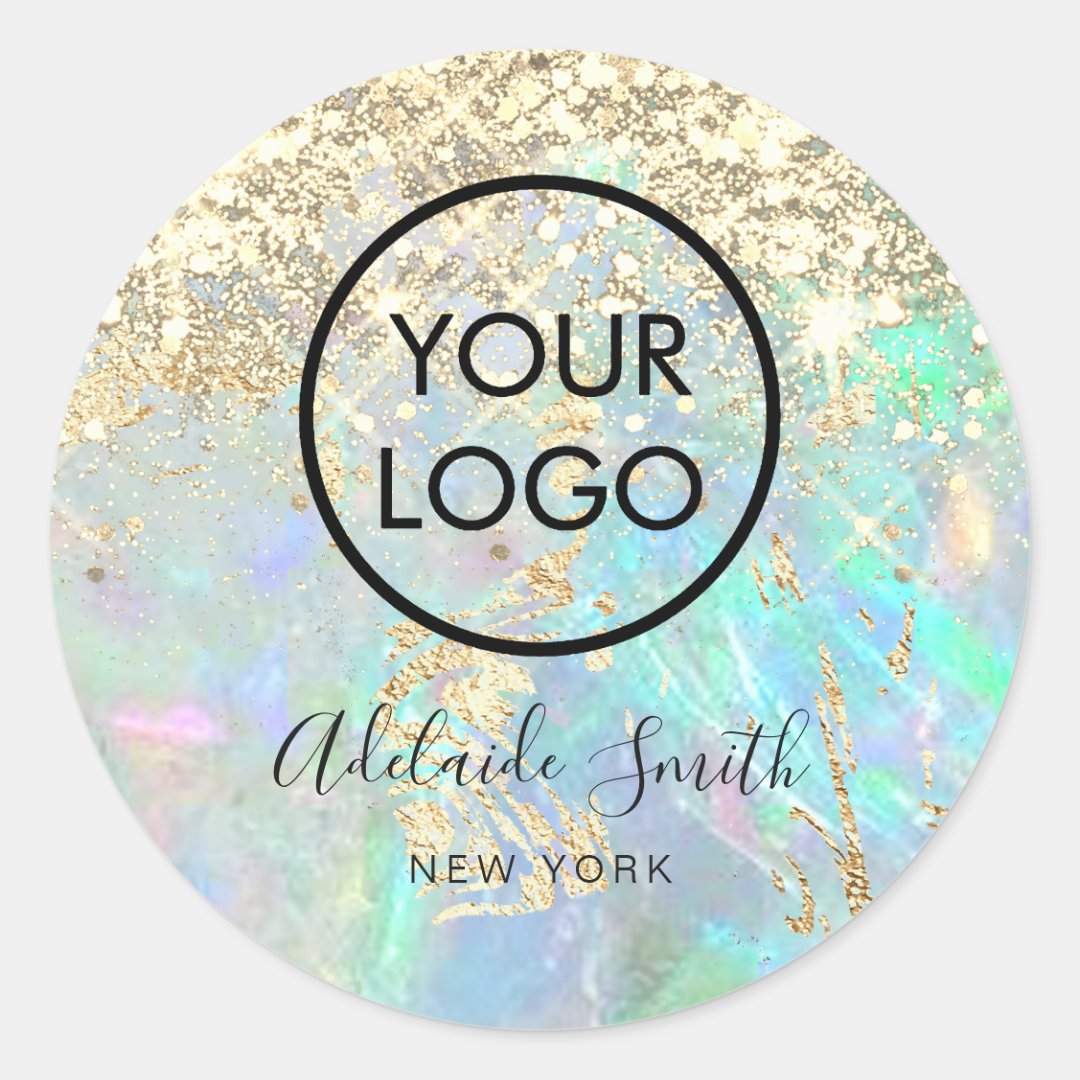 your logo on faux glitter opal background classic round sticker | Zazzle