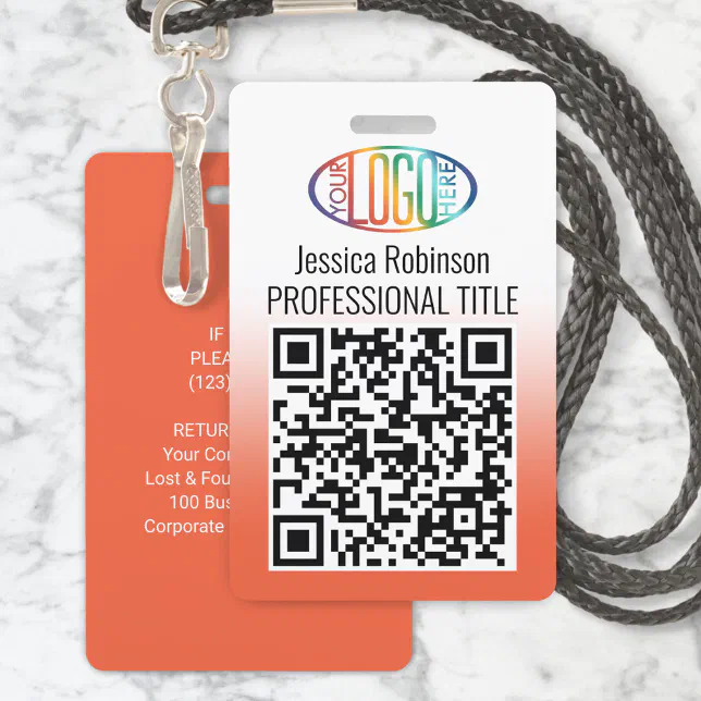 Your Logo, QR Code, Name and Title Orange Gradient Badge | Zazzle