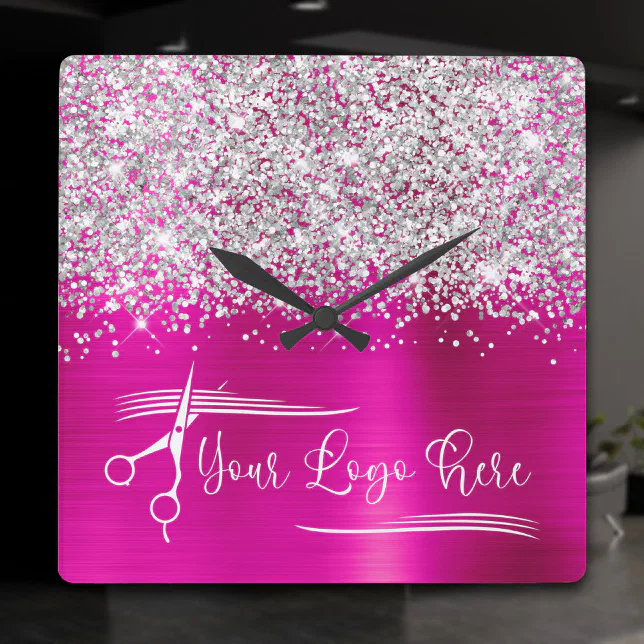 Your Logo Silver Glitter Hot Pink Glam Square Wall Clock | Zazzle