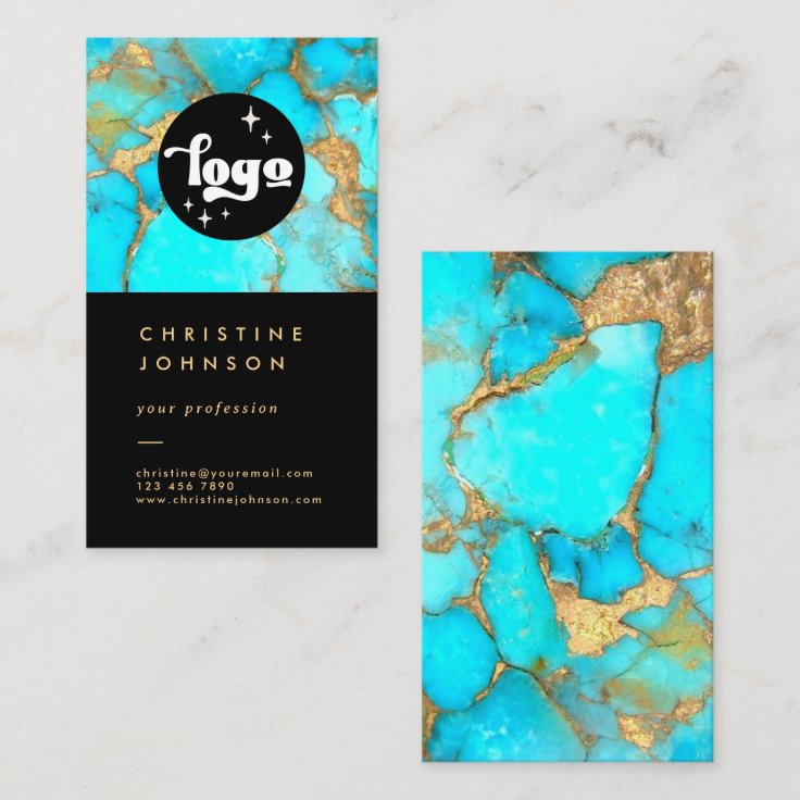 your logo turquoise stone on black business card | Zazzle