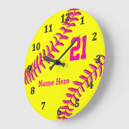 YOUR NAME and NUMBER on Cool Softball Wall Clocks | Zazzle