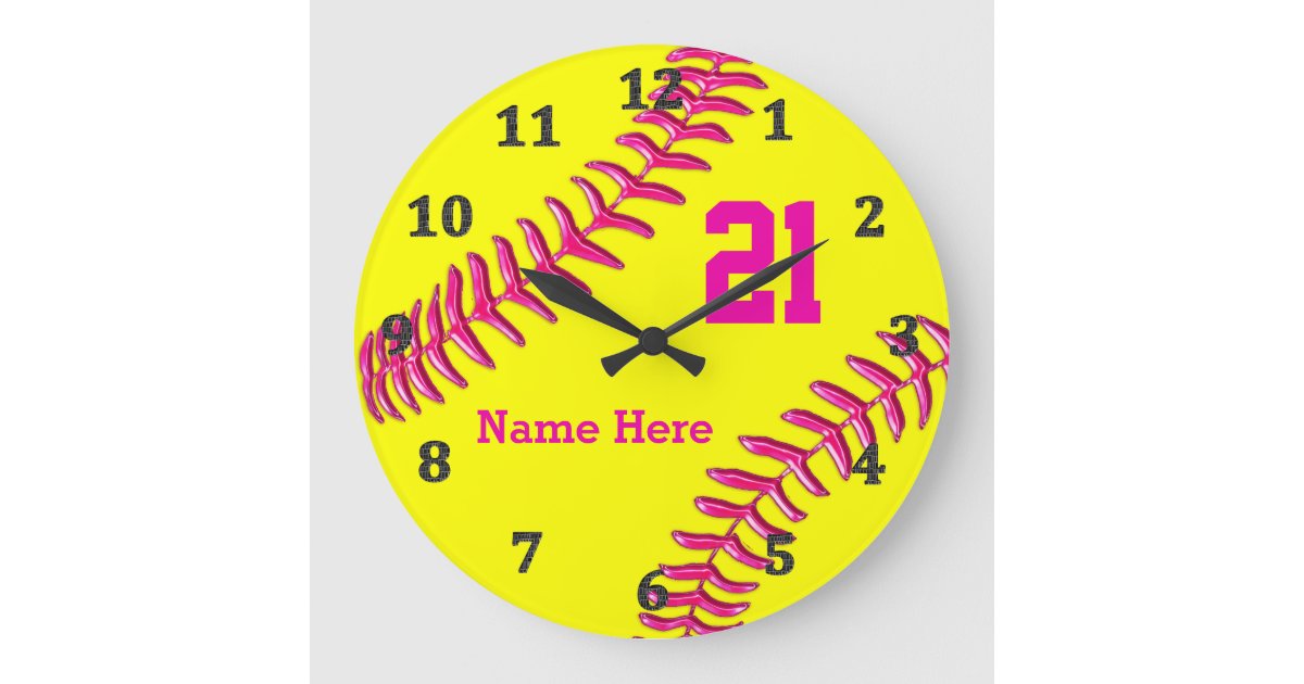 YOUR NAME and NUMBER on Cool Softball Wall Clocks | Zazzle