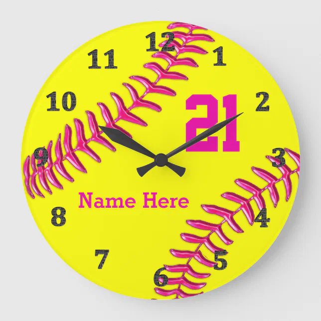 YOUR NAME and NUMBER on Cool Softball Wall Clocks | Zazzle