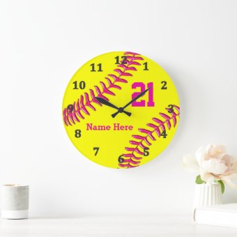 YOUR NAME and NUMBER on Cool Softball Wall Clocks | Zazzle