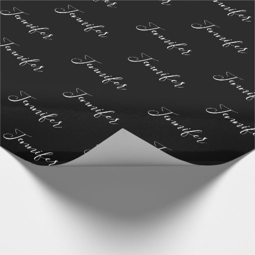 Your Name | Elegant White Script on Black Wrapping Paper | Zazzle