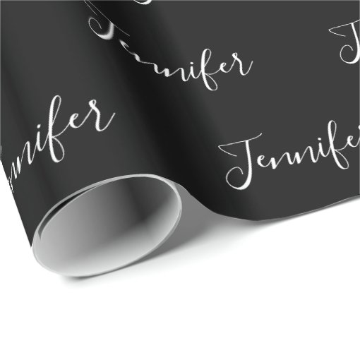 Your Name | Elegant White Script on Black Wrapping Paper | Zazzle