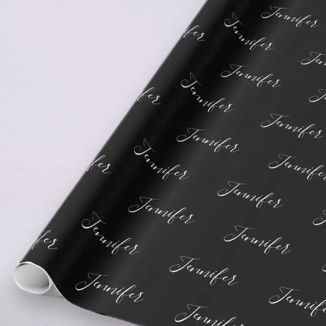 Your Name | Elegant White Script on Black Wrapping Paper | Zazzle