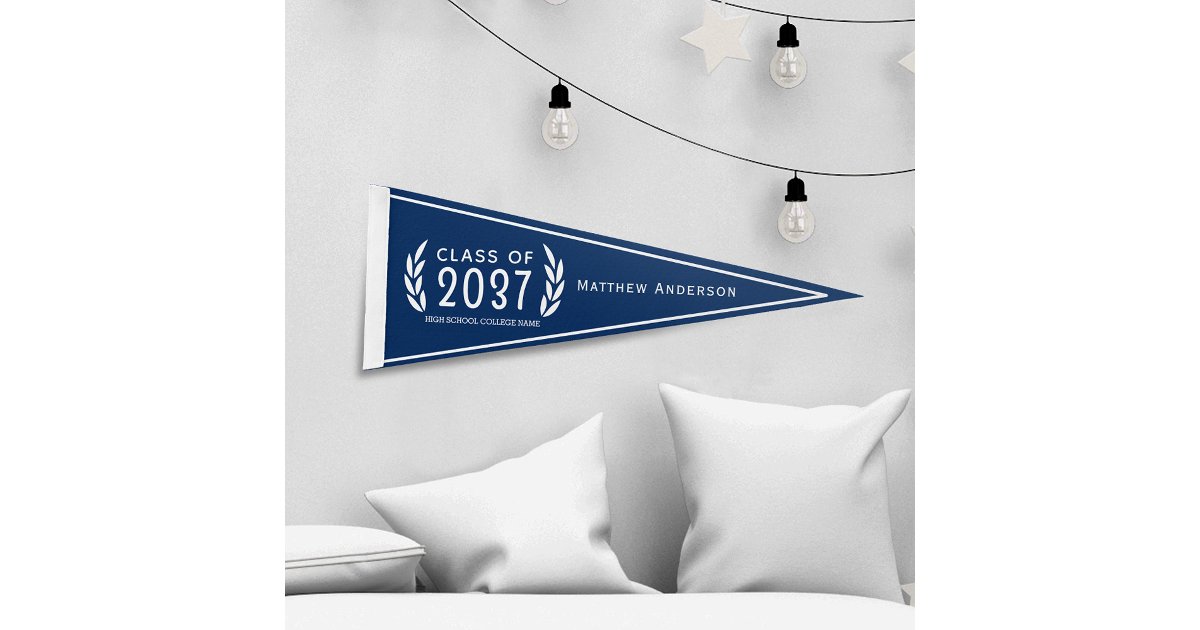 Your Name Trendy Blue And White Laurel Leaves Grad Pennant Flag | Zazzle