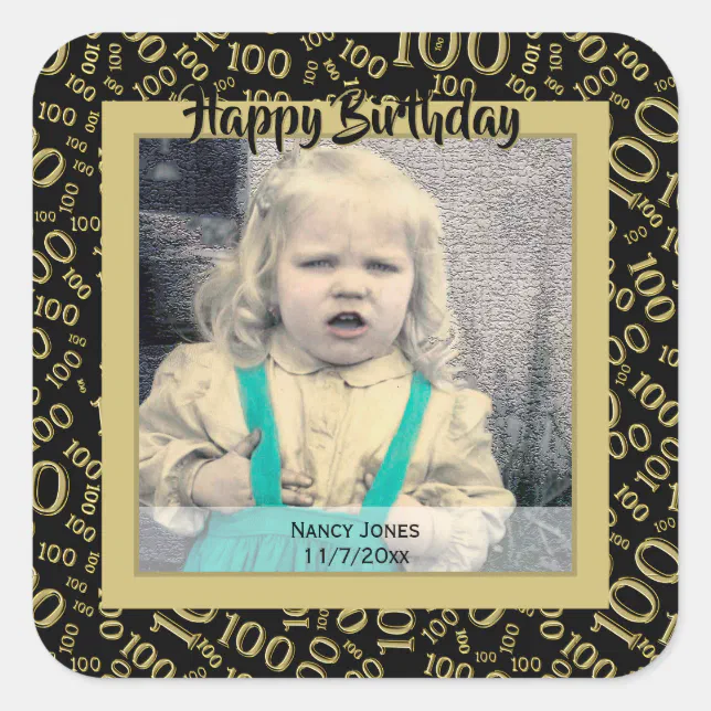 Your Photo: 100th Number Pattern Black/Gold Square Sticker | Zazzle