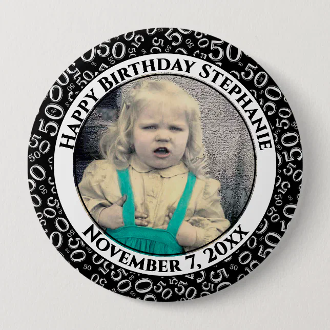 Your Photo 50th Birthday Number Pattern | Black Button | Zazzle