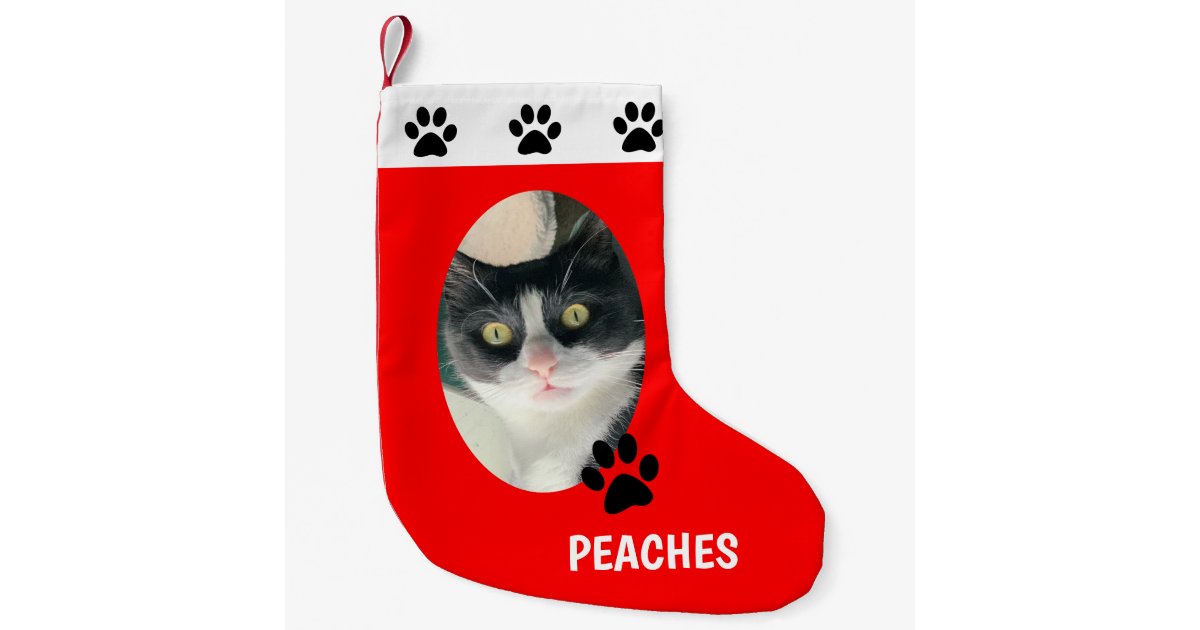 Your Photo Cat Christmas Stocking with Pawprints | Zazzle
