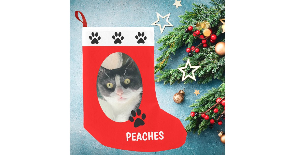 Your Photo Cat Christmas Stocking with Pawprints | Zazzle