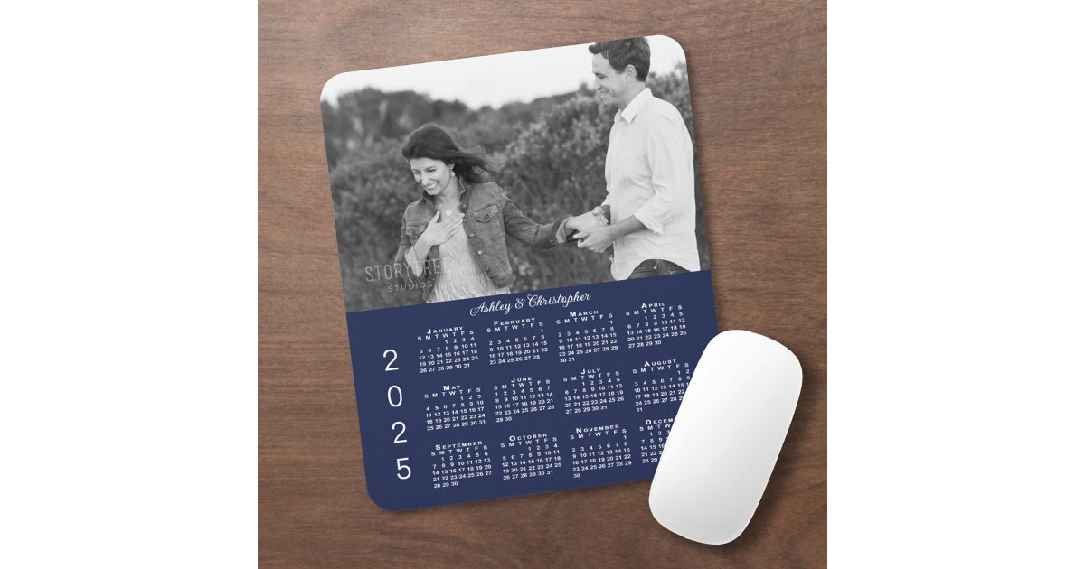 Your Photo Names Navy Blue 2025 Calendar Mouse Pad | Zazzle