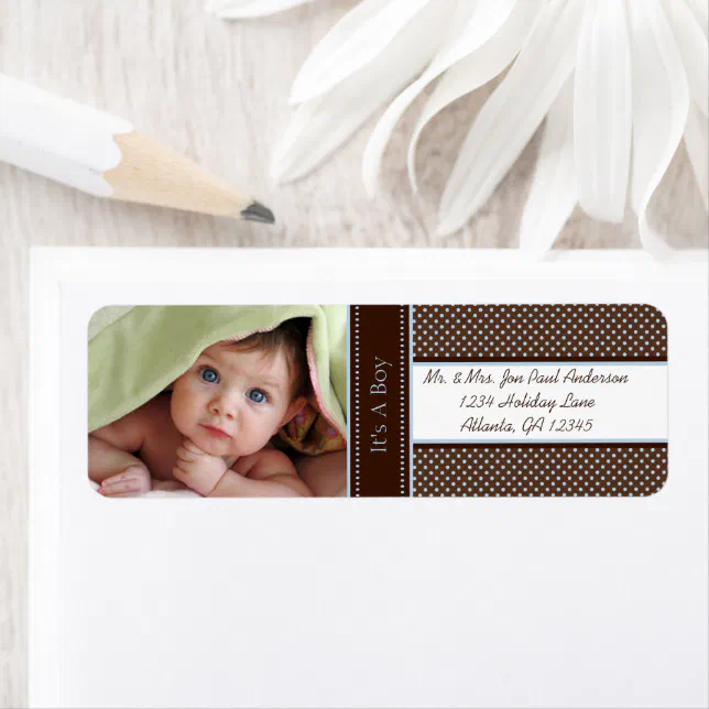 Your Photo New Baby It's A Boy Brown & Blue Dots Label | Zazzle