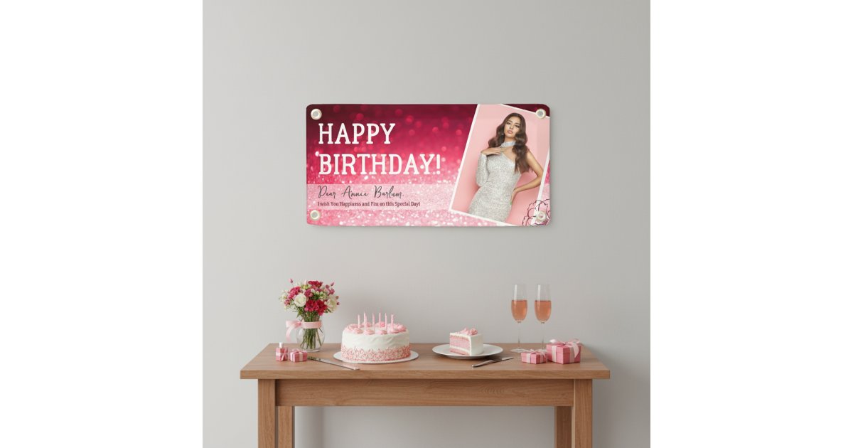 "Your Photo" Pink Glam Birthday Banner | Zazzle