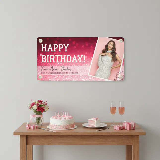 "Your Photo" Pink Glam Birthday Banner | Zazzle