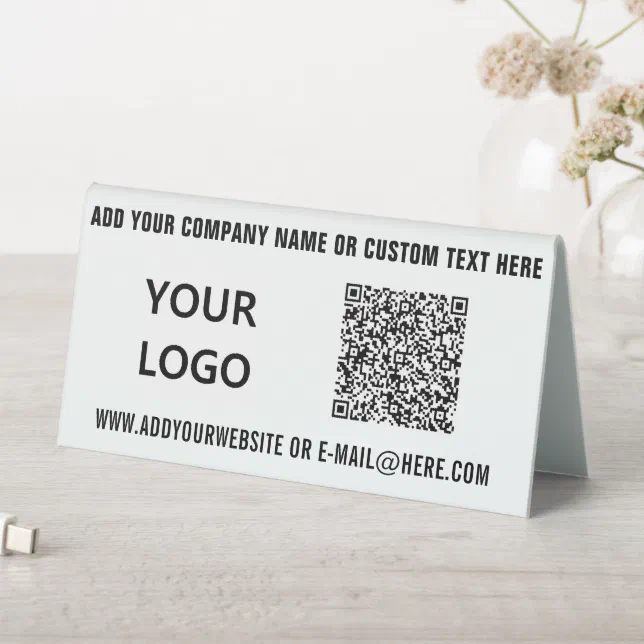 Your QR Code Info Logo and Text Table Tent Sign | Zazzle