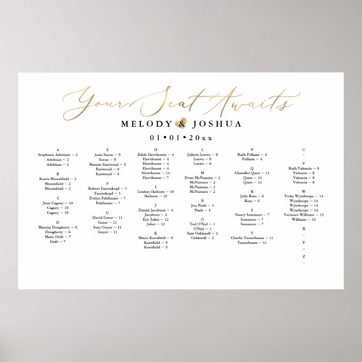 Your Seat Awaits, SEATING CHART, ALPHABETICAL Poster | Zazzle