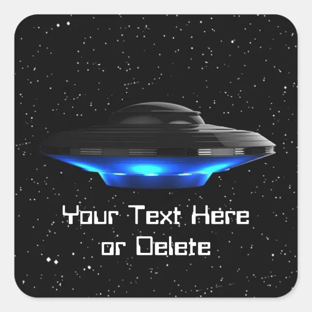 Your Text Cool Blue Alien Flying Saucer Space UFO Square Sticker | Zazzle