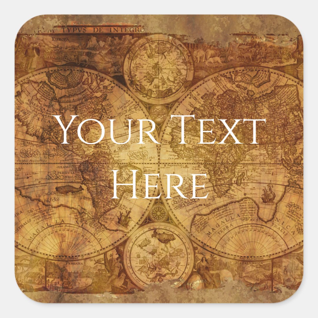 Your Text Tattered Old World Pirate Map/Atlas Square Sticker | Zazzle