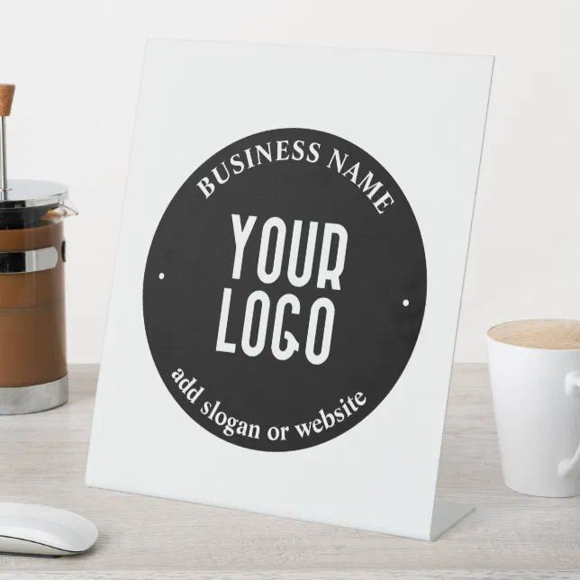 Your Text & Uploaded Logo | Editable Black & White Pedestal Sign | Zazzle