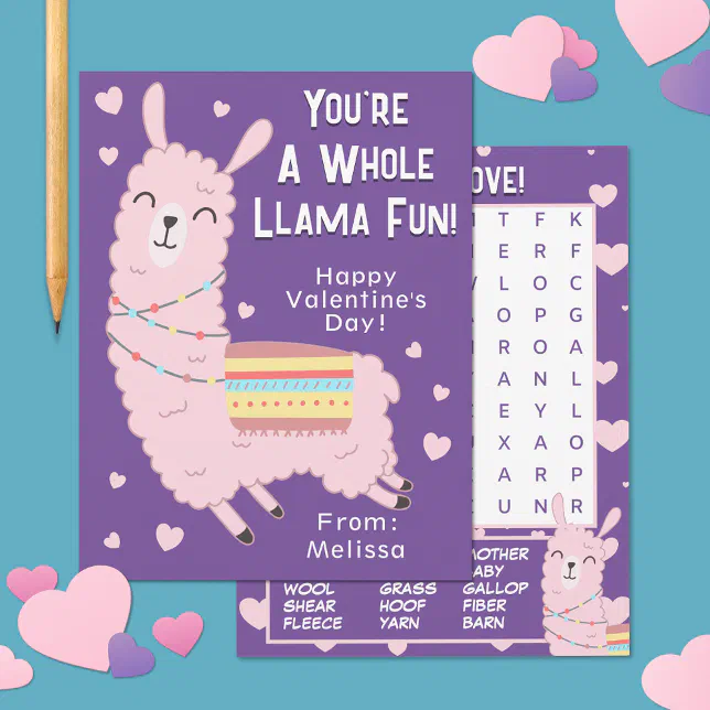 You're A Whole Llama Fun Classroom Valentine's Day Note Card | Zazzle