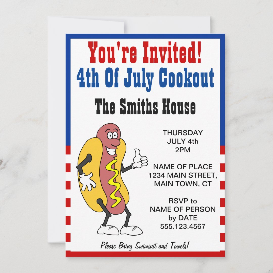You're Invited 4th Of July Cookout Hot Dog Cartoon Invitation | Zazzle