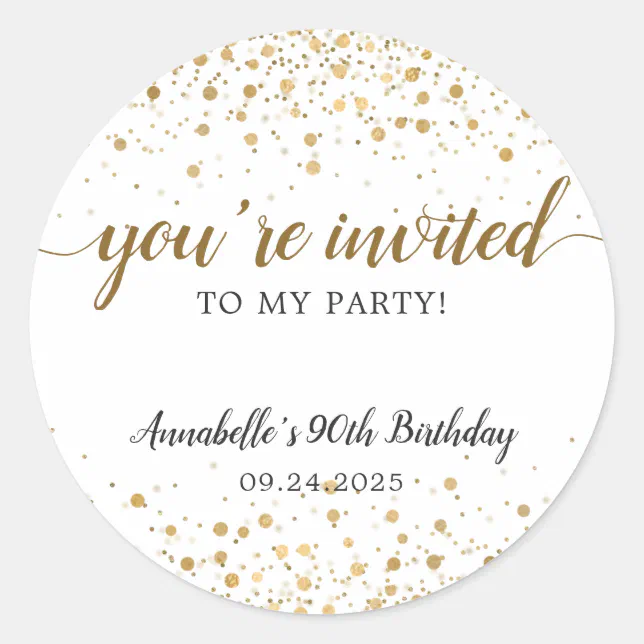 You're Invited Party Gold Confetti Dots Birthday Classic Round Sticker ...
