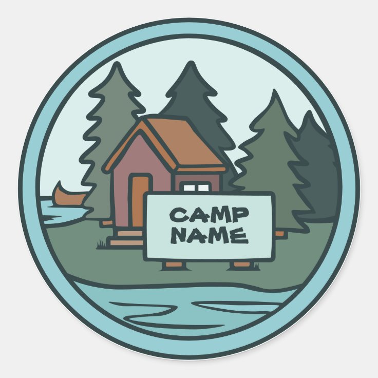 Youth summer camp island cabin w/custom sign classic round sticker | Zazzle