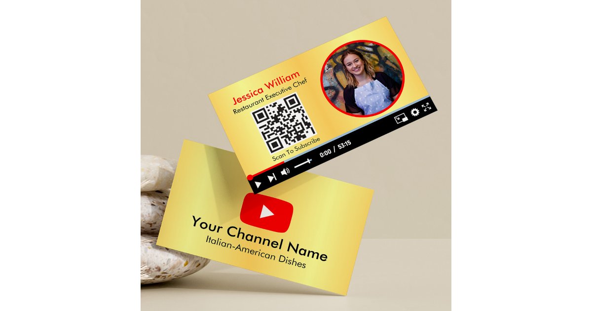 Youtube Vlogger Channel With QR Code Golden Business Card | Zazzle